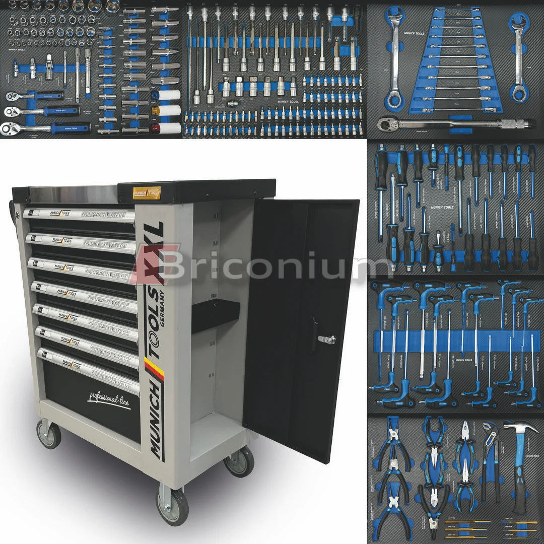 Servante atelier Munich Tools 7 tiroirs dont 6 outillés Grey - Briconium